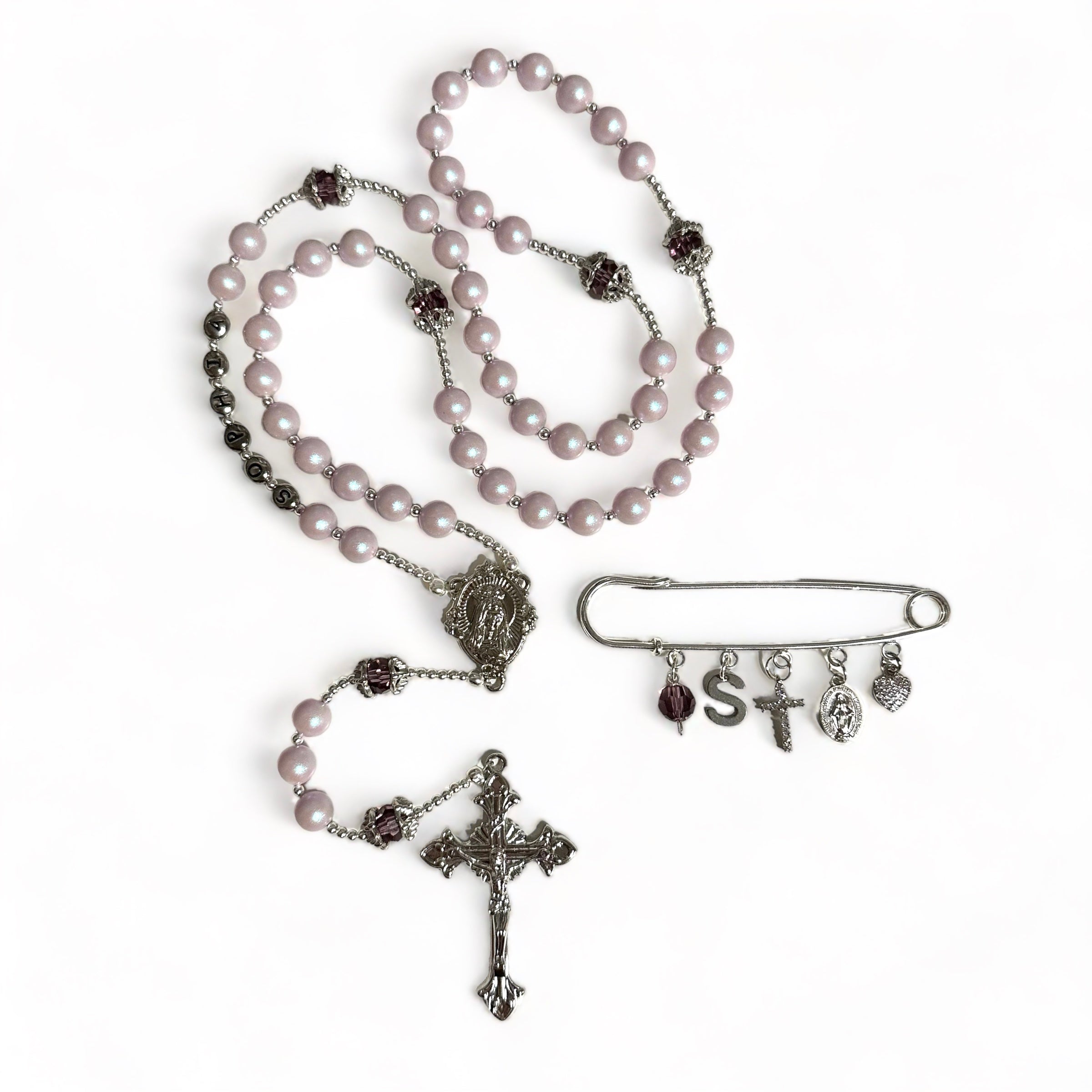 Pearl Rosary + Baby Pin Silver Set – Your Custom Rosary